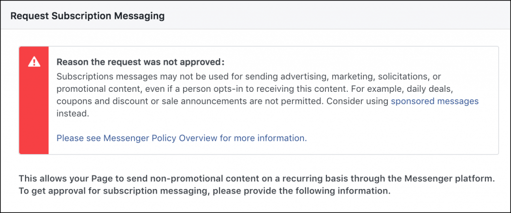 What to Do When Facebook Rejects Your Subscription Messaging Request